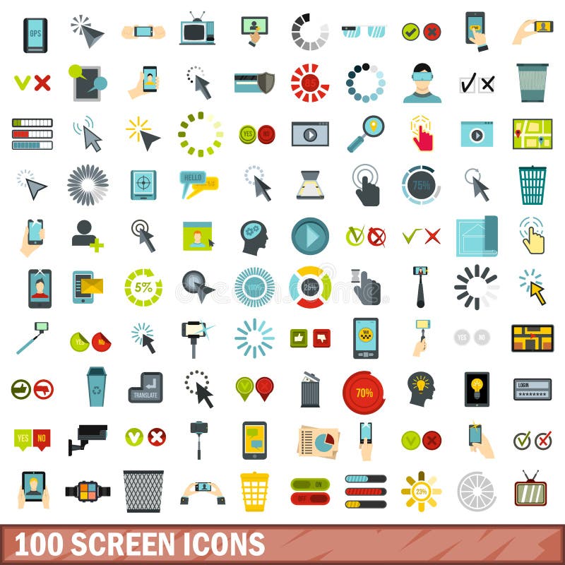100 Screen Icons Set, Flat Style Stock Vector - Illustration of ...