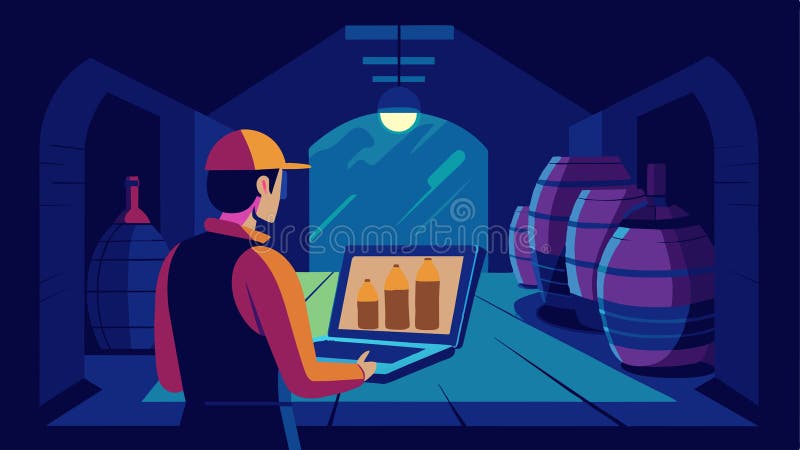 The Screen of a Laptop Glows in the Dimly Lit Cellar of a Vineyard ...