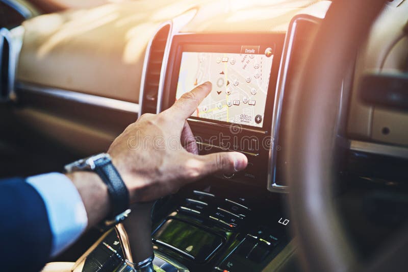 Screen, Map and Hand of Person in Car for Location, Search or Check ...