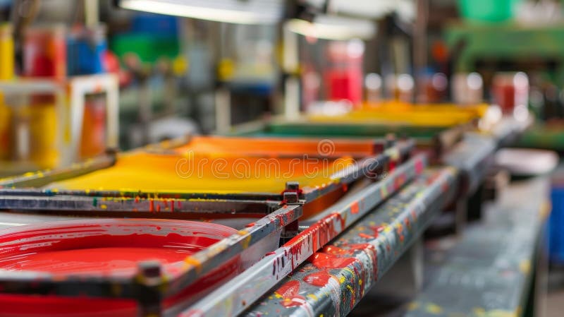 The Screen Printing Station with Frames Screens and Various Inks for ...