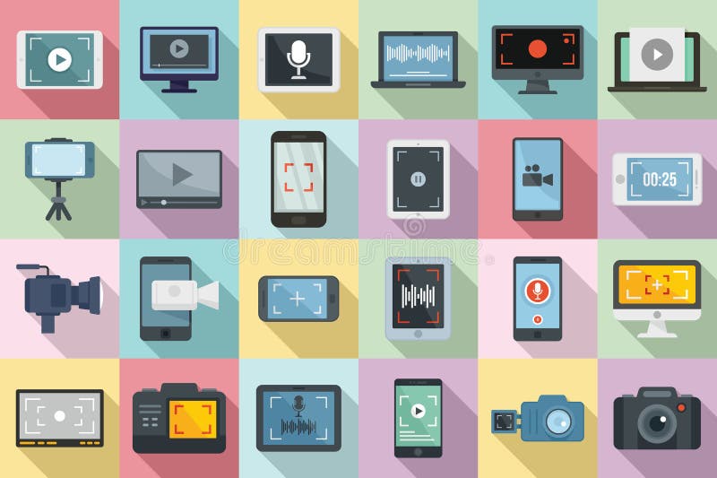 Screen Recording Icons Set, Flat Style Stock Vector - Illustration of ...