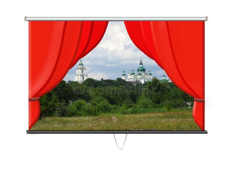 Screen with Red Curtains and Beautiful Landscapes Stock Image - Image ...