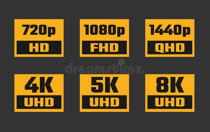 Screen Resolution Icon Set, 4K UHD, 5K, 8K, Quad HD, Full HD and HD ...