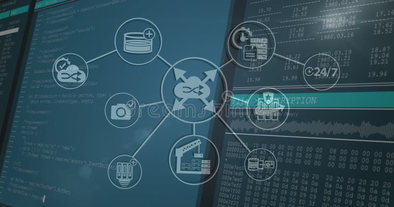 Screen Shows Data Encryption And Network Security Icons Connected By Lines Stock Illustration