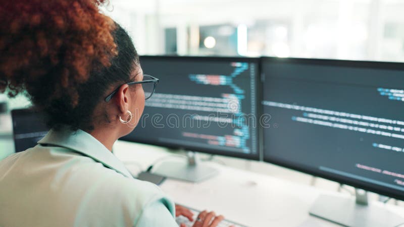 Screen, it Support Programmer or Woman on Computer for Coding Research, Project or Cybersecurity ...