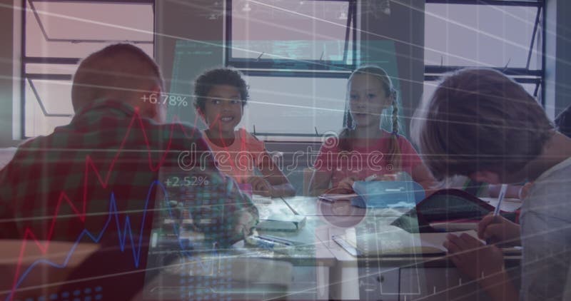 Screens with Data Processing Against Group of Diverse Students Studying ...