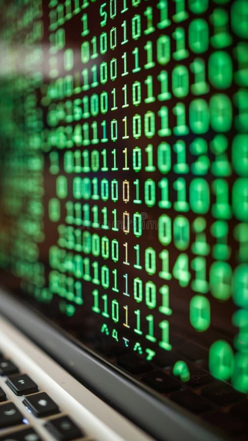 Screens Display Cascading Green Binary Code Representing Chaos in a Digital Environment during a ...