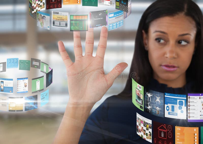 Screens Rotating Interface and Businesswoman Opening Hand in Front of ...