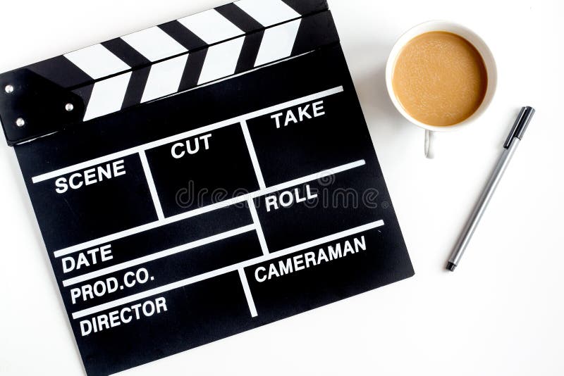 Screenwriter Desktop with Movie Clapper Board White Background Top View ...