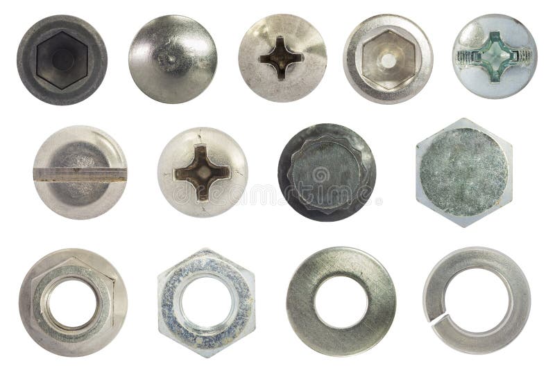 Screw, Bolt, Stud, Nut, Washer and Spring Washer Isolate on White Stock ...