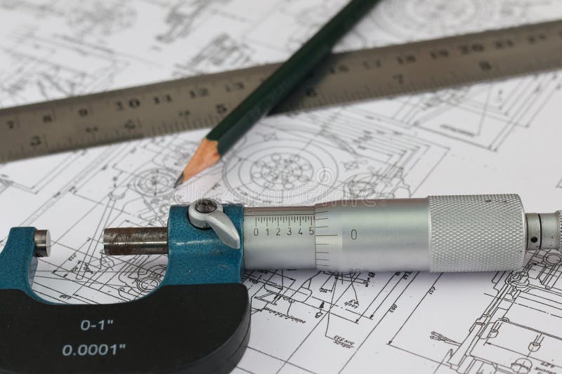 Micrometer on Blueprint Horizontal. Stock Image - Image of graphics ...