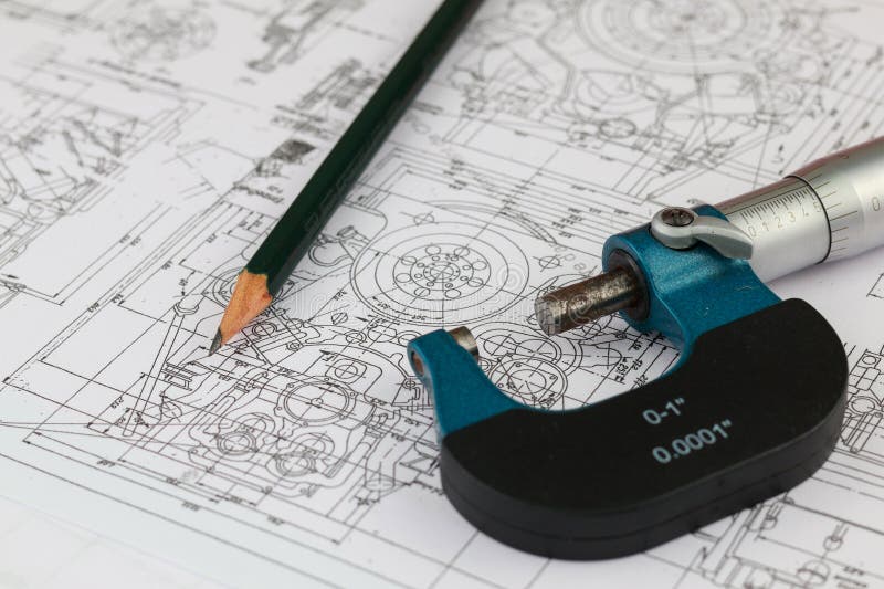 Micrometer on Technical Drawing or Blue Print. Stock Photo - Image of ...