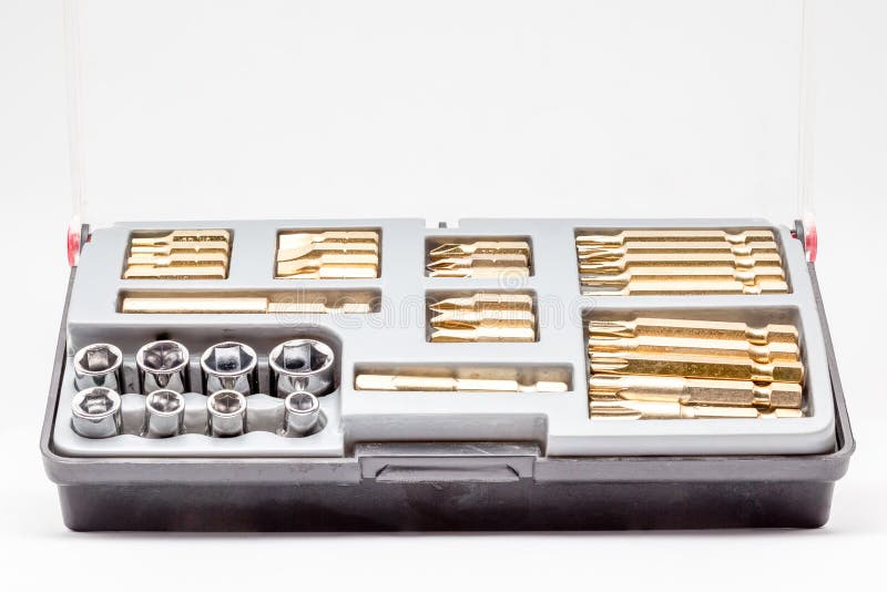 Set Of Heads For Screwdriver In Grey Box Isolated On White Background ...