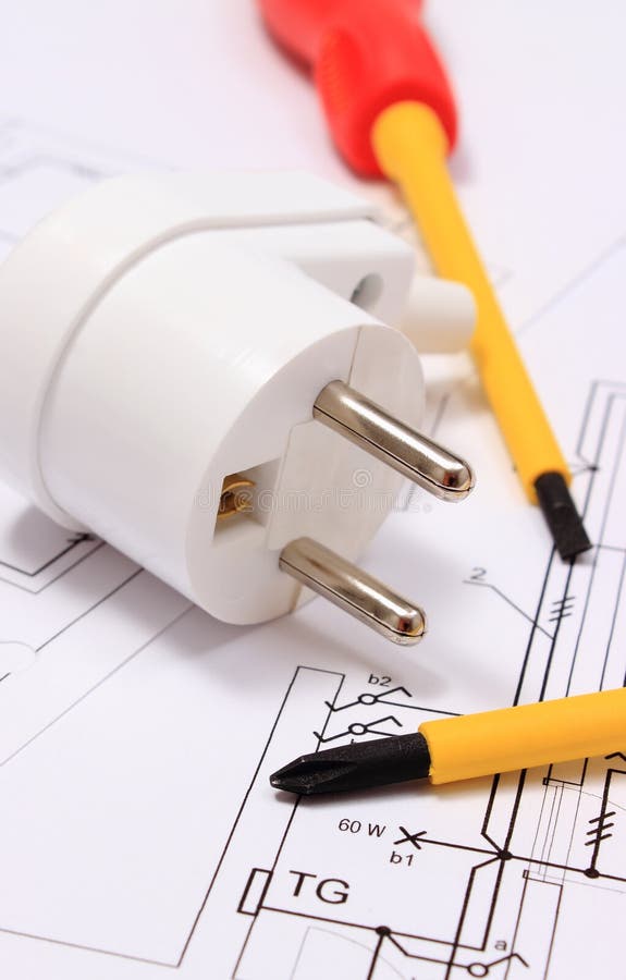 Screwdriver and Electric Plug on Construction Drawing Stock Image ...
