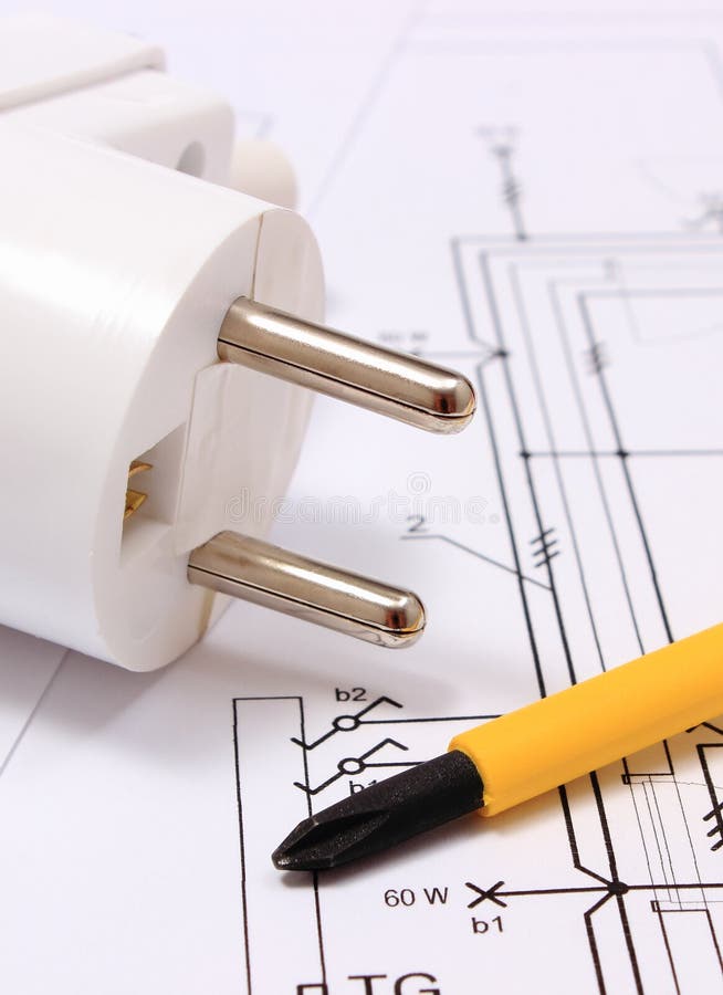 Screwdriver and Electric Plug on Construction Drawing Stock Image ...