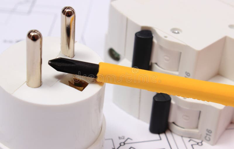 Screwdriver, Electric Plug and Fuse on Construction Drawing Stock Photo ...