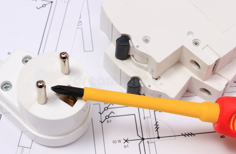 Screwdriver, Electric Plug and Fuse on Construction Drawing Stock Image ...