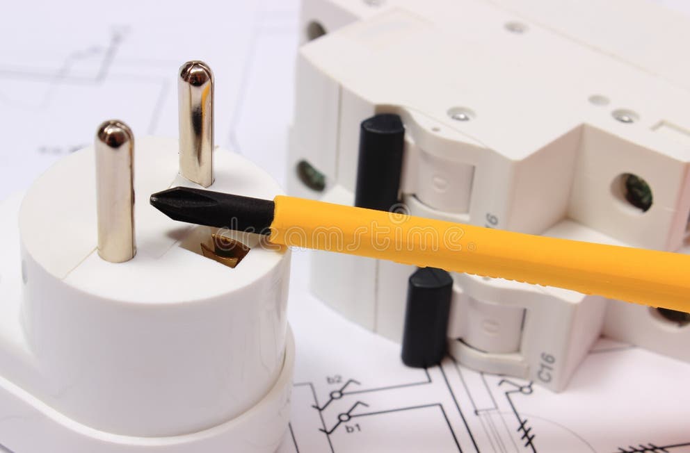 Screwdriver, Electric Plug and Fuse on Construction Drawing Stock Image ...