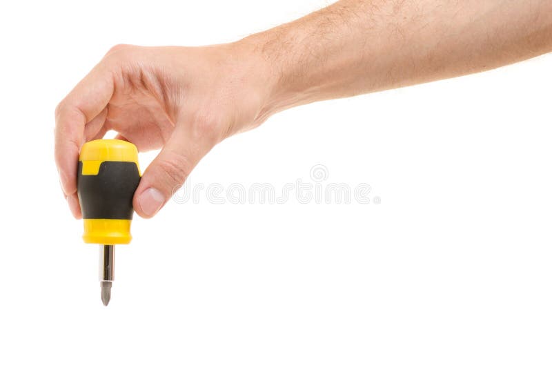 Screwdriver in hand stock image. Image of metal, body - 106028787