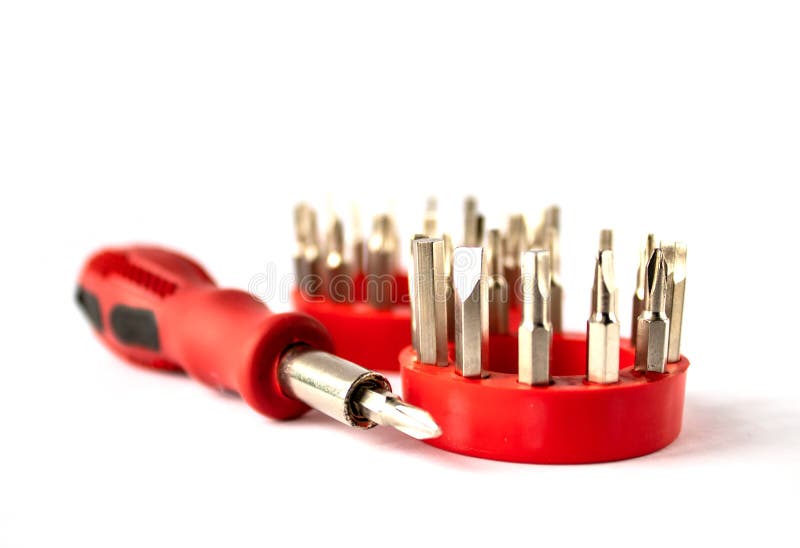 Screwdriver with a Red Handle and a Set of Bits on a White Background ...