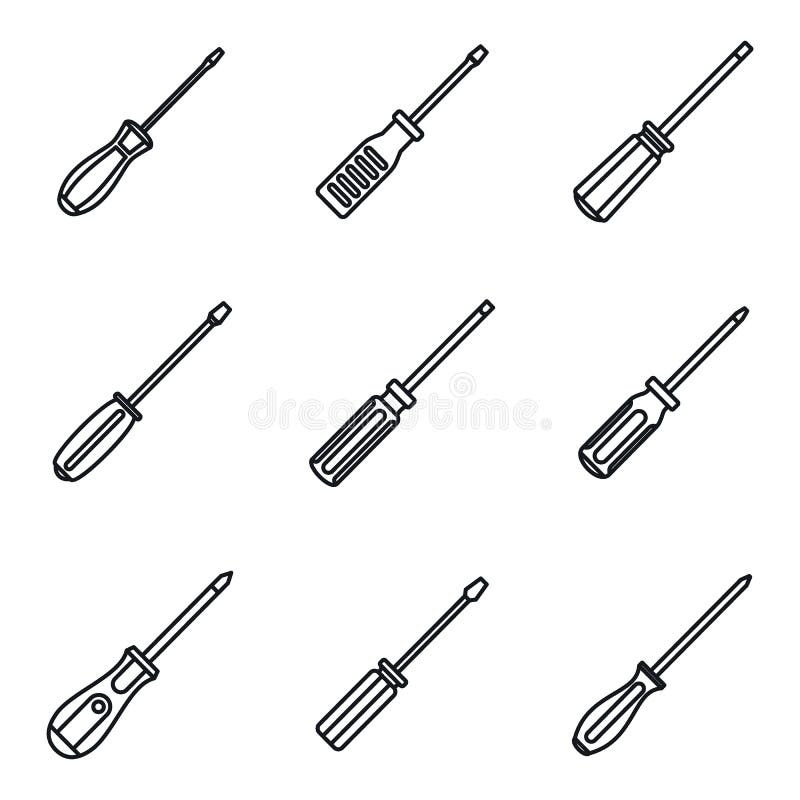 Screwdriver Tool Icons Set, Outline Style Stock Vector - Illustration ...