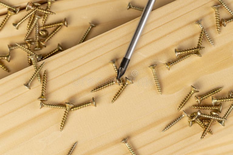 Screwdriver and Self Tapping Screws for Fixing Wood Lying on a Stock ...