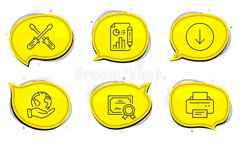 Screwdriverl, Printer and Scroll Down Icons Set. Report Document Sign ...