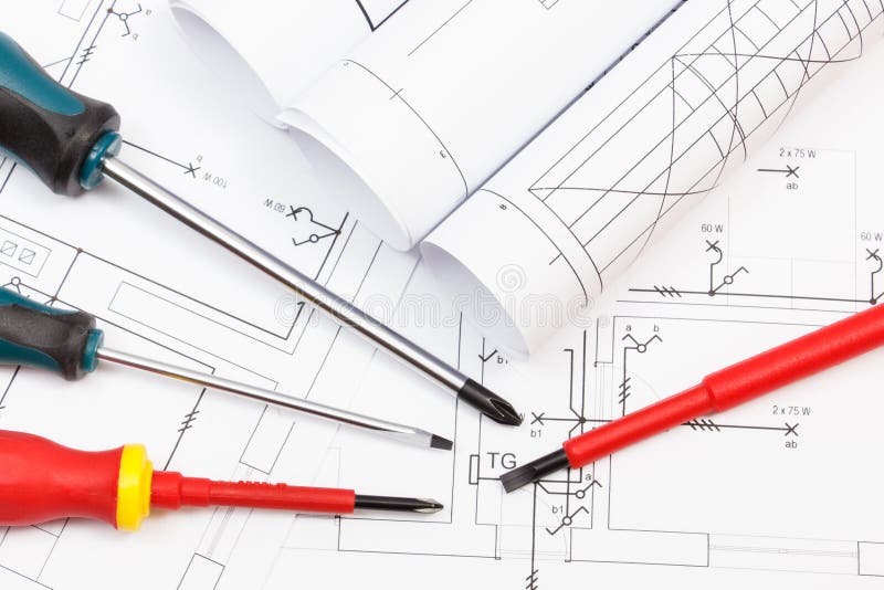 Screwdrivers and Diagrams of Housing Plan with Electrical Installation ...