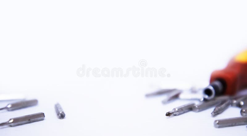 Screwdrivers and Screws on White Background. Top View. Stock Image ...