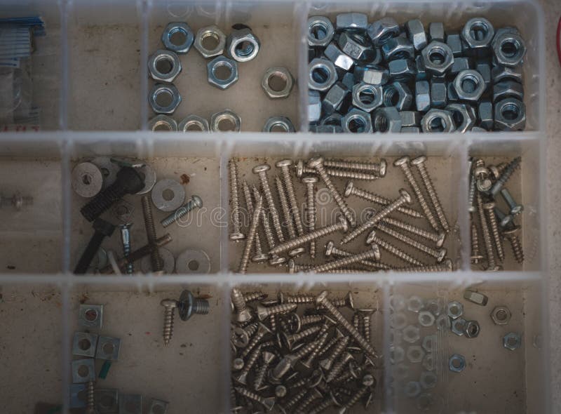 Screws and Bolts in the Plastic Box Stock Photo - Image of chrome ...