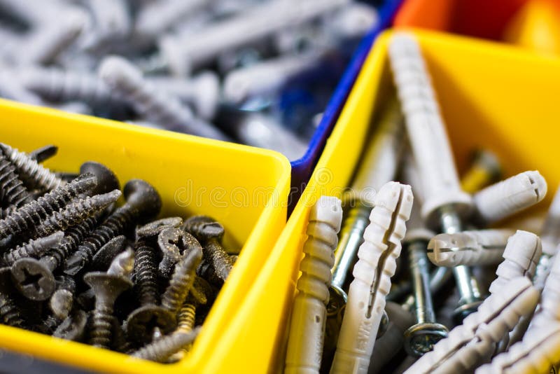 Screws Segregated in Plastic Colored Containers. Box for Builder Stock ...