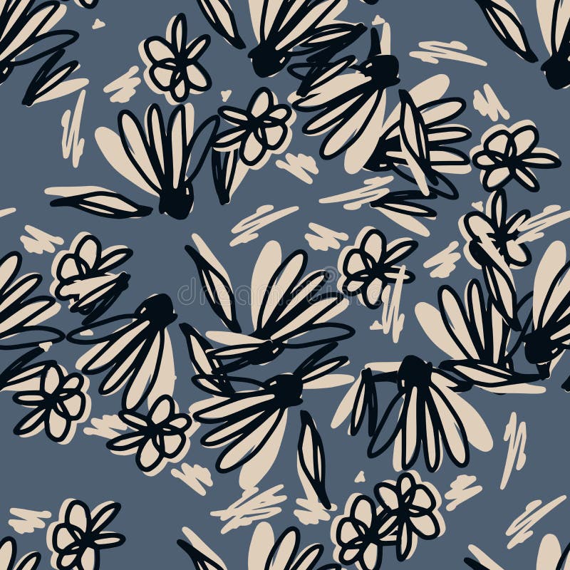 Scribble Flower Seamless Pattern on Gray Background. Hand Drawn Floral ...