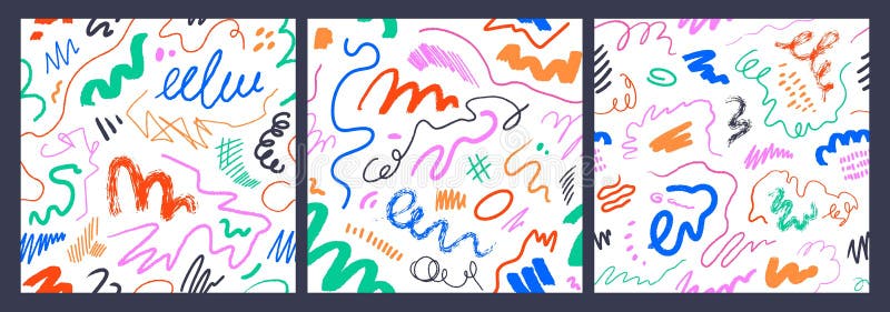 Scribble Pattern Set. Seamless Doodle Texture with Colorful Squiggles ...