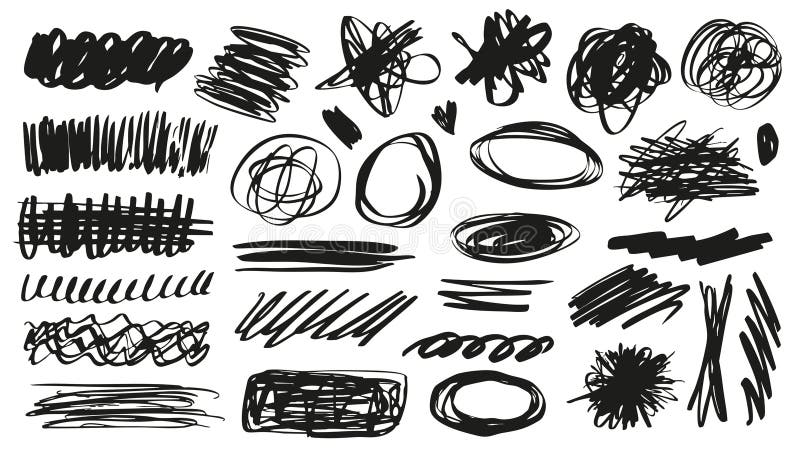 Scribble Shapes Set of Marker Brush Stroke Texture. Doodle Handwriting ...