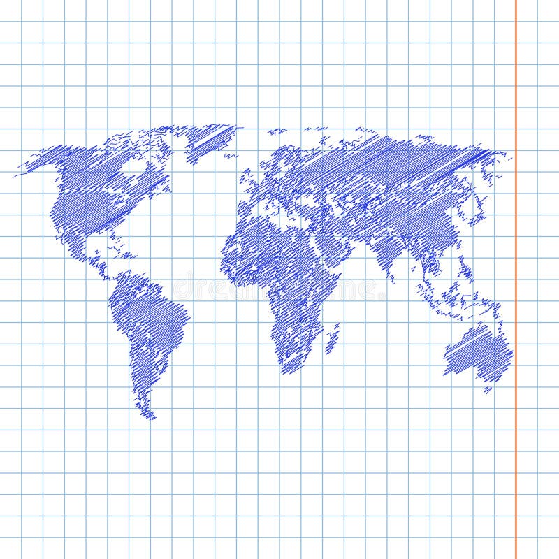 Scribble Sketchy Painted World Map on a School Notebook Sheet. Stock ...