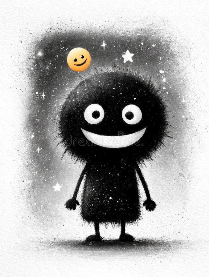 A Scribble-style, Pitch-black Void Monster with Tiny White Stars Inside ...