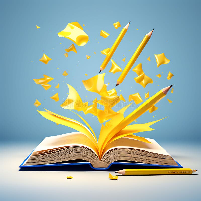 Scribble Symphony: Yellow Pencil Writing in Open Book on Blue Background - 3D Render Stock ...
