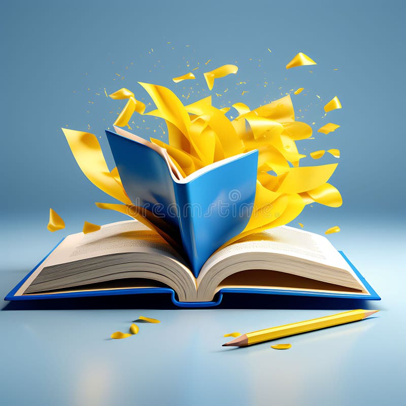 Scribble Symphony: Yellow Pencil Writing in Open Book on Blue ...