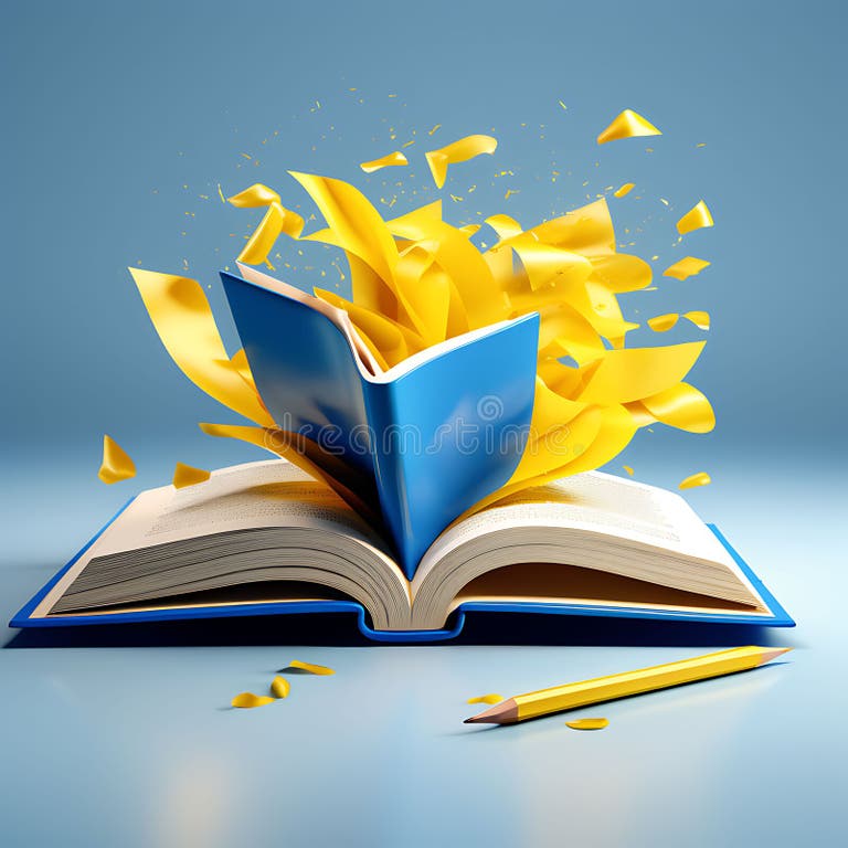 Scribble Symphony: Yellow Pencil Writing in Open Book on Blue Background - 3D Render Stock ...