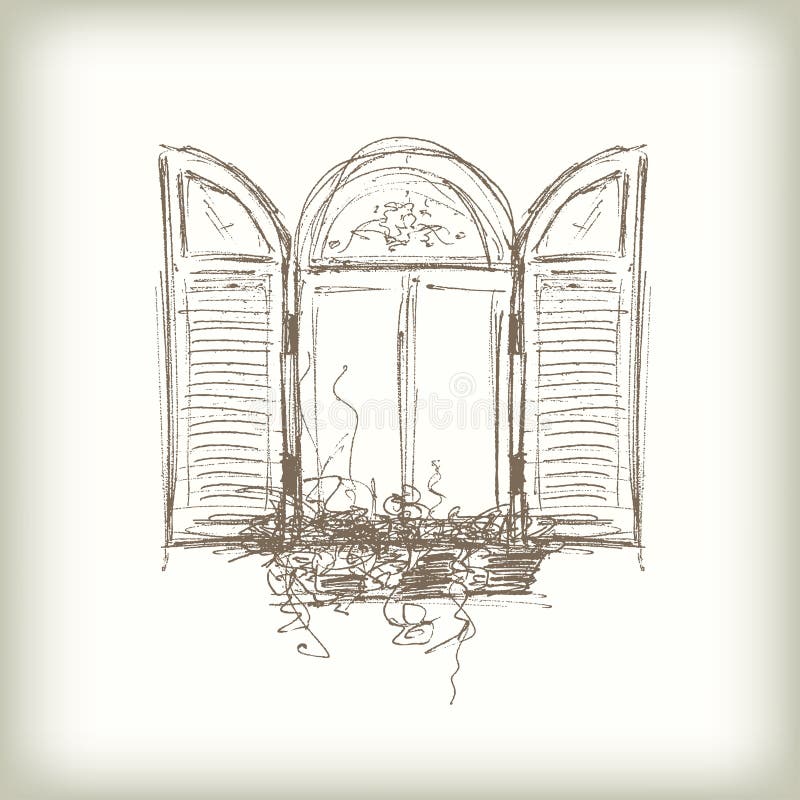 Drawn Sketch Vintage Window with Shutters Stock Illustration ...