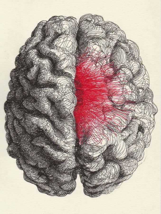 Scribbled Brain Sketch with Vibrant Red Center Designed for Creative ...