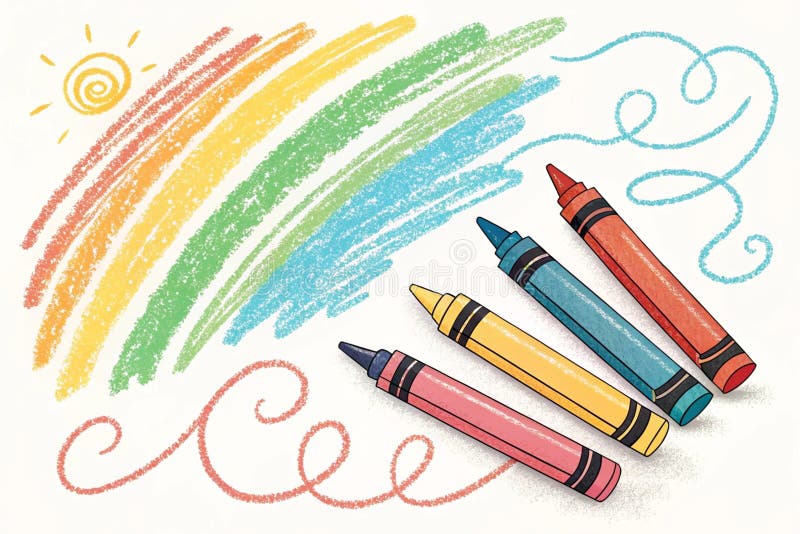 Scribbled Lines and Shapes, Bright Crayon Colors, Flat Design ...