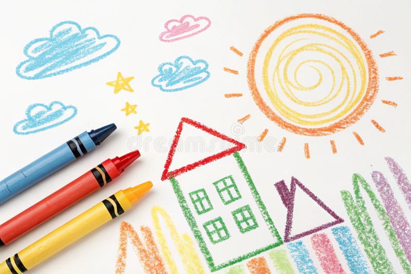 Scribbled Lines and Shapes, Bright Crayon Colors, Flat Design ...