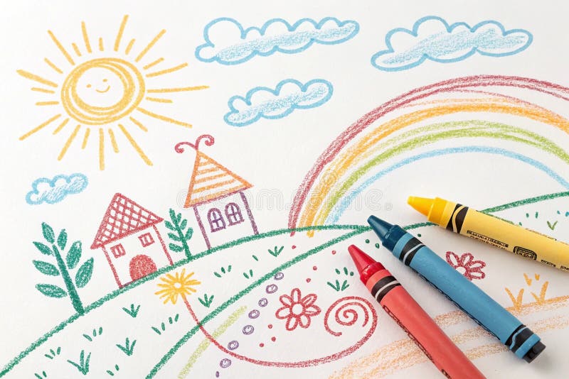 Scribbled Lines and Shapes, Bright Crayon Colors, Flat Design ...