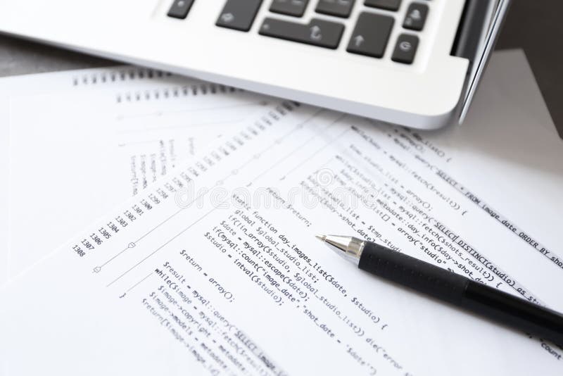 Script Code on Paper, Pen and Laptop Stock Photo - Image of database ...