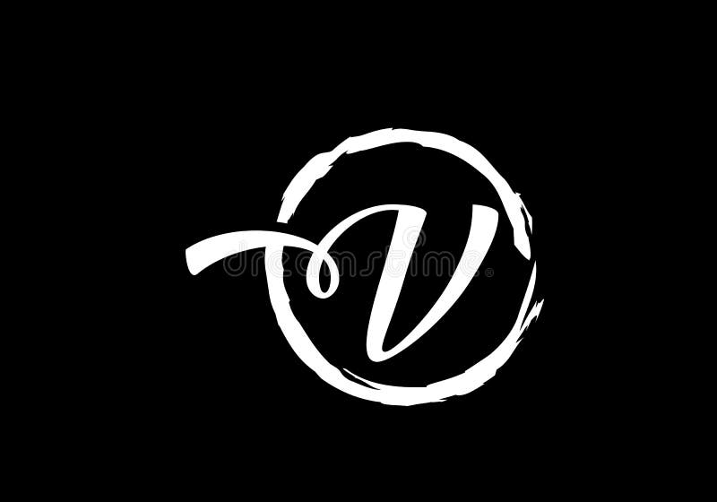 Script Letter V in a Brush Circle on Black Background, Monogram ...