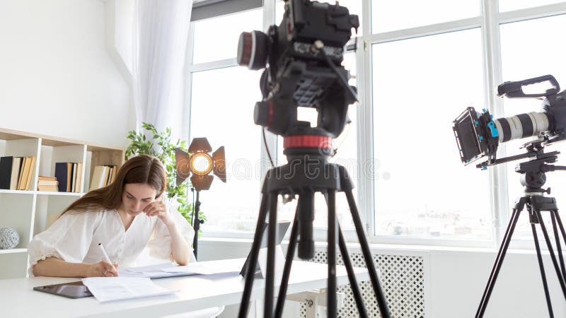 Script Sign Vlog Studio Woman Writing Recording Stock Image - Image of ...