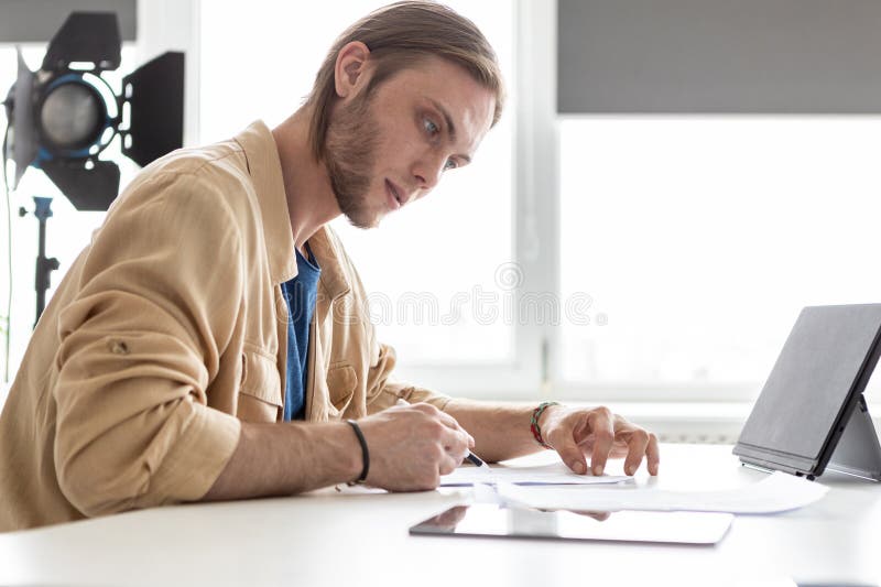 Script Writing Paper Work Guy Taking Notes Studio Stock Image - Image ...