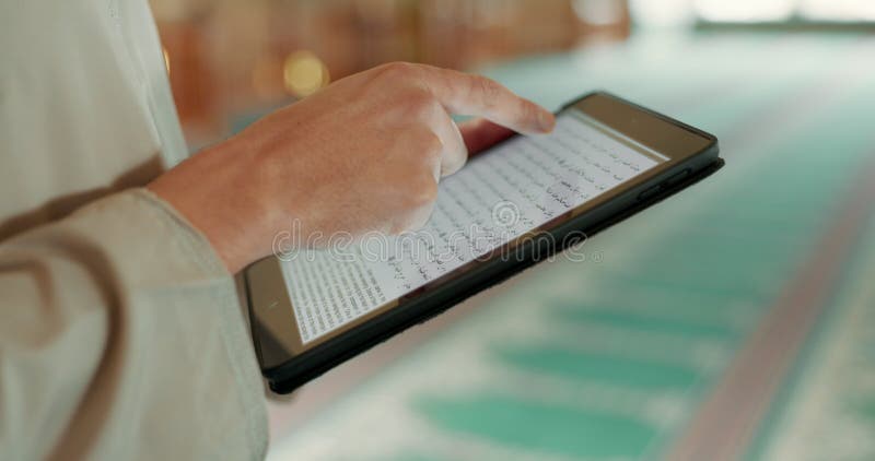 Scripture, Arabic and Hands with a Tablet at a Mosque for Learning a ...