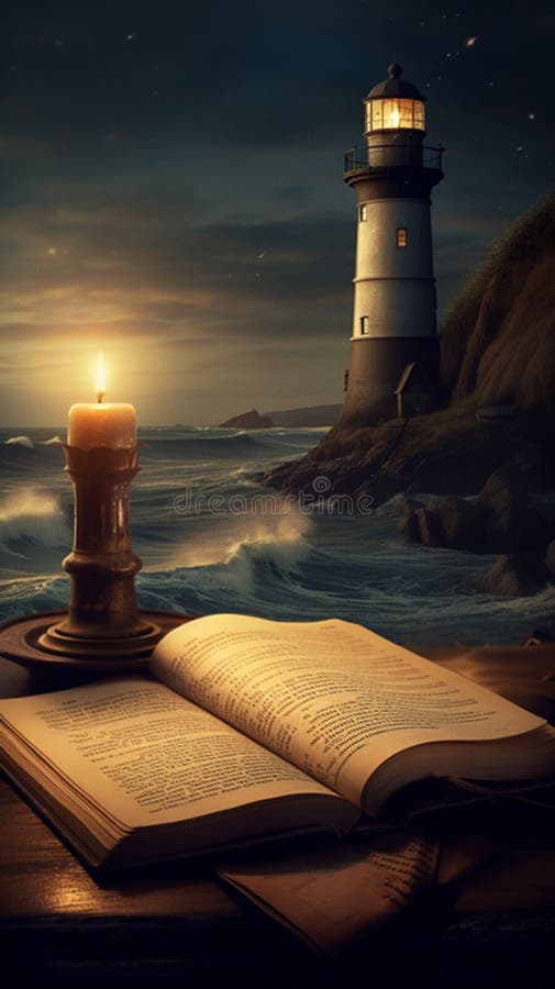 Scriptures Open with a Lighthouse and Candle Stock Illustration ...